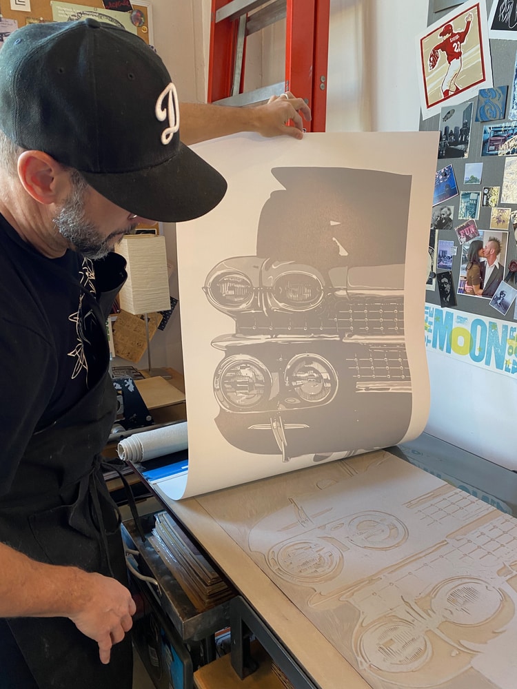 Dave Lefner | Cadillac Dreams Reduction Linocut | People of Print