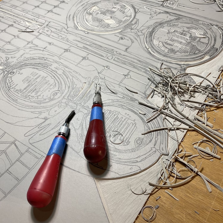 Dave Lefner | Cadillac Dreams Reduction Linocut | People of Print